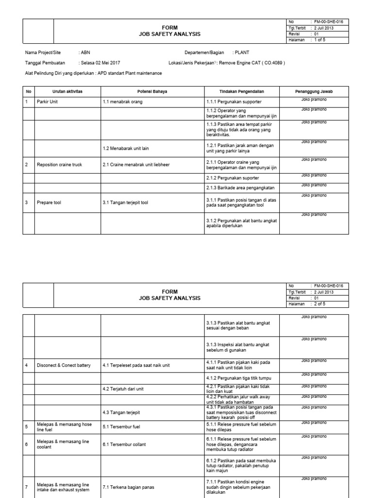 JSA - Remove & Install Engine GP - CO4089 | PDF