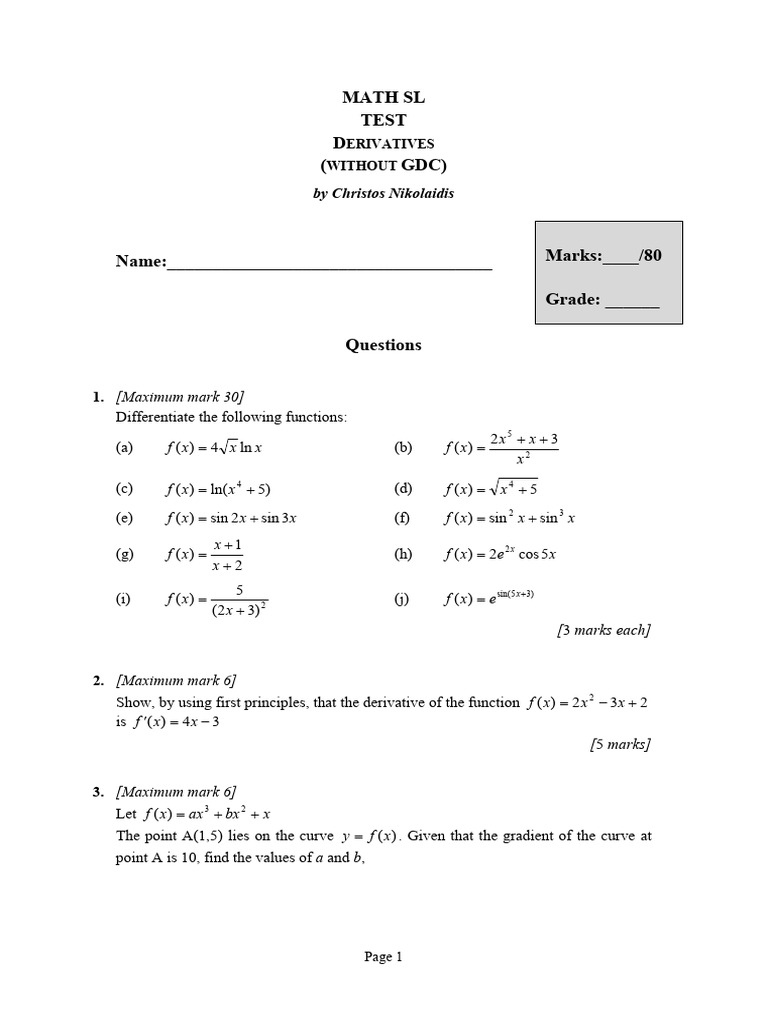 Math SL Derivatives Test | PDF | Mathematical Physics | Applied Mathematics