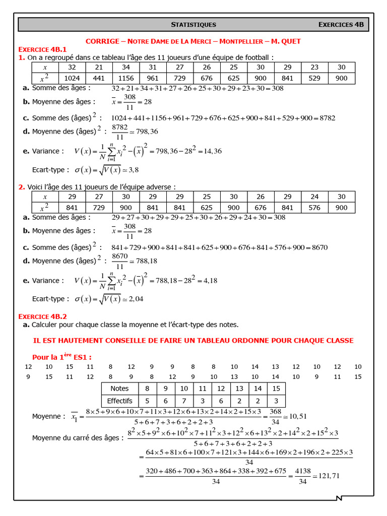 Variance Et Ecart Type Corriges D Exercices 2 1 | PDF | Statistique ...