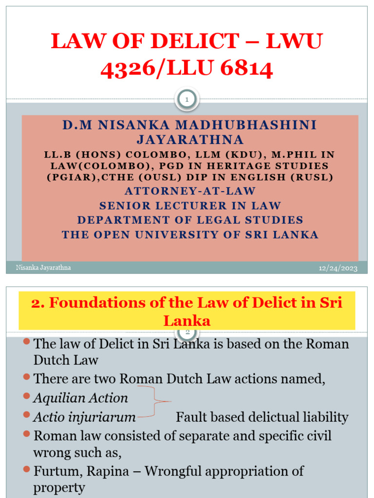 Delict Law Essentials in Sri Lanka | PDF | Criminal Justice | Crime & Violence