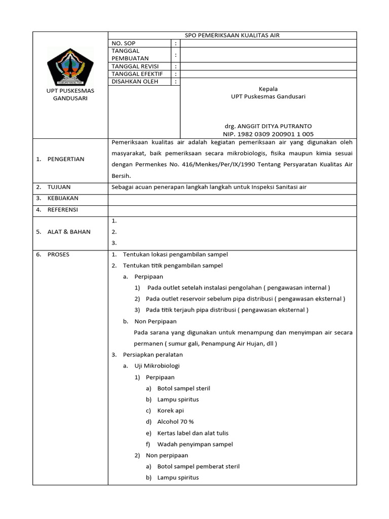 SOP Pemeriksaan Kualitas Air Puskesmas | PDF | Griya & Taman