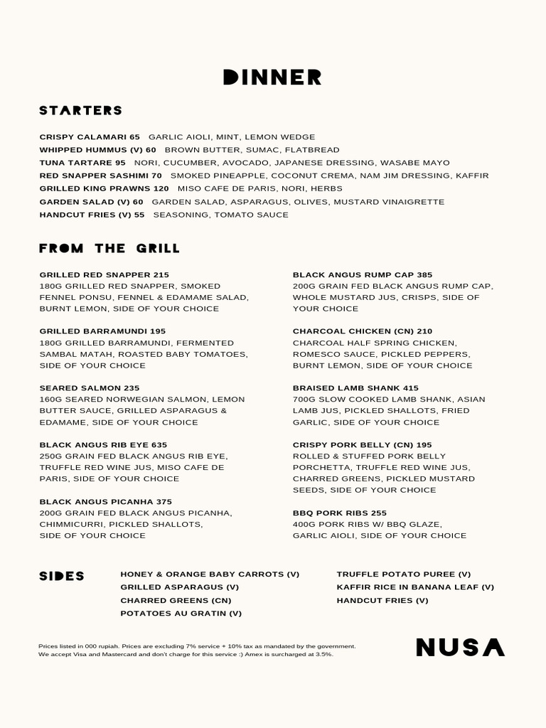 Nusa+dinner+menu+ (16 7+×+29 7+cm) + | PDF | Grilling | Sauce
