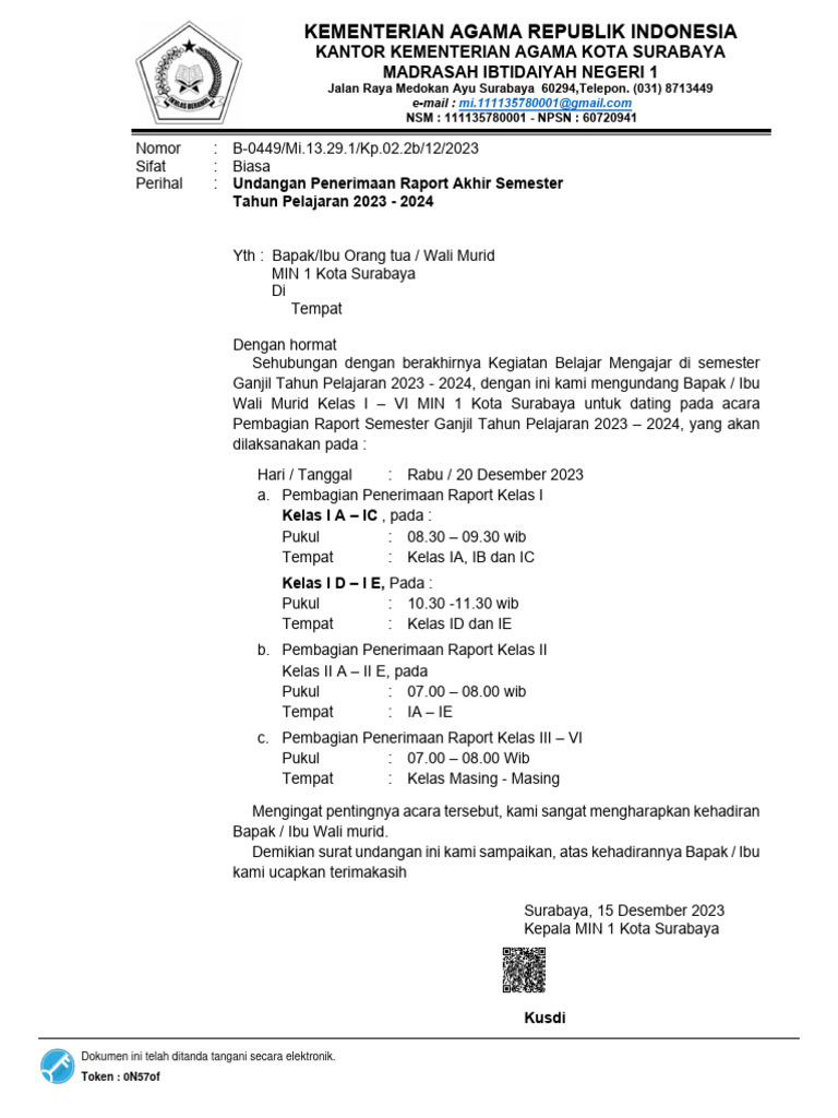 Undangan Kelas II - VI Penerimaan Raport Semester Ganjil TP. 2023-2024 | PDF