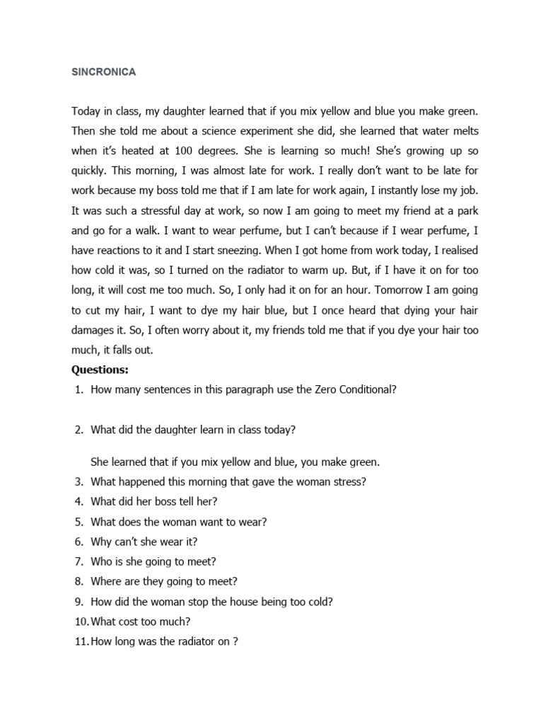 Reading Today in class Zero Conditional exercise | PDF