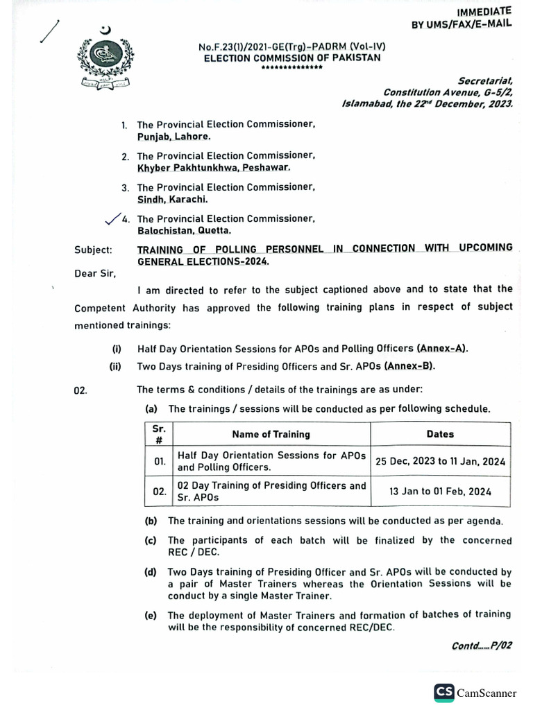 Election Training Schedule 25.12.2023 To 01.02.2024 | PDF