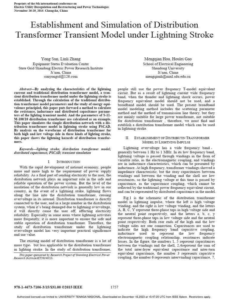 Establishment and Simulation of Distribution Transformer Transient Model Under Lightning Stroke ...