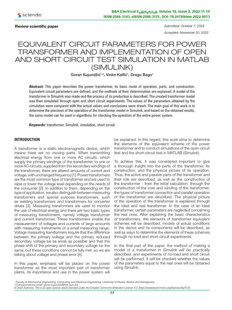 Equivalent Circuit Parameters For Powertransformer And Implementation Of Openand Short Circuit 