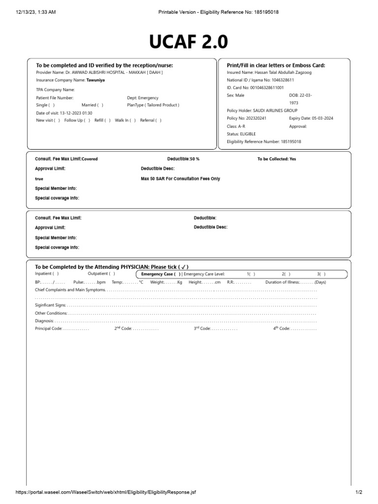 UCAF 2.0: To Be Completed and ID Verified by The Reception/nurse: Print/Fill in Clear Letters or ...