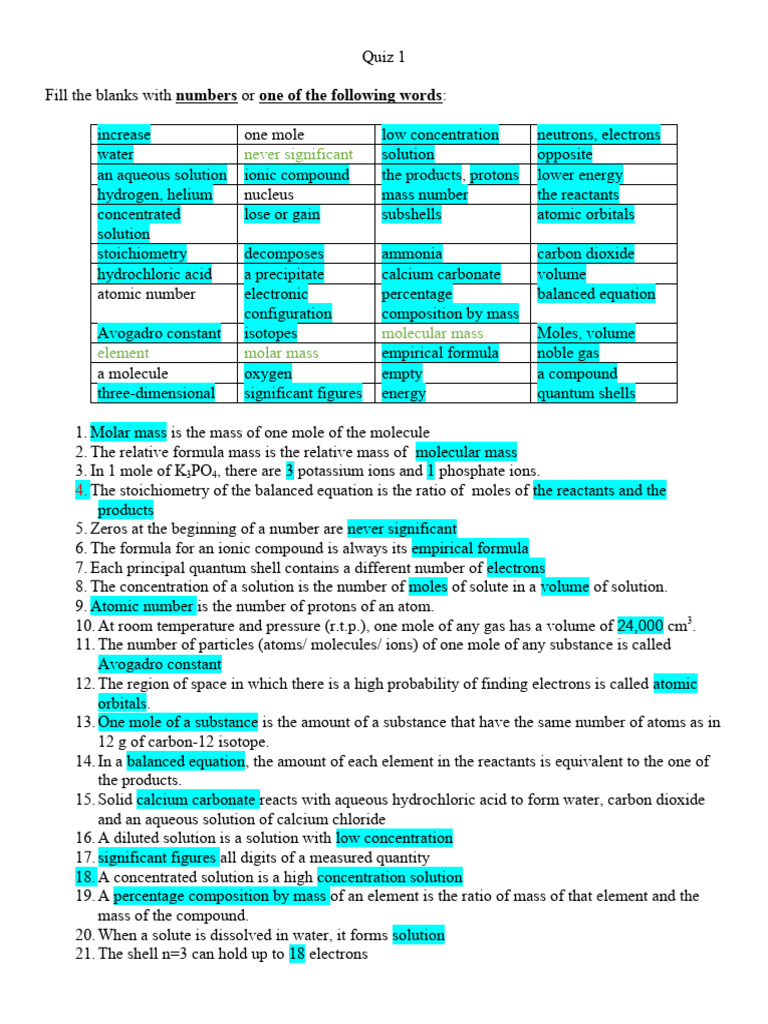 Small Quiz | PDF | Atoms | Mole (Unit)