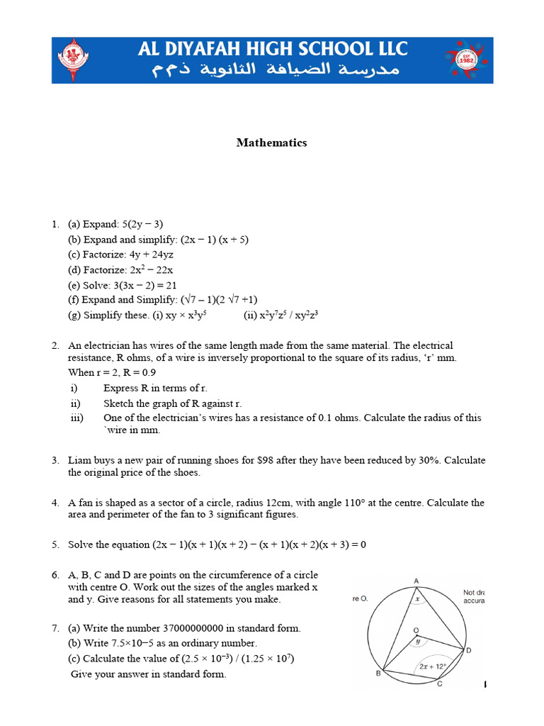 Y10 Term 1 Revision Worksheet - 2 | PDF Y10 Term 1 Revision Worksheet - 2 | PDF