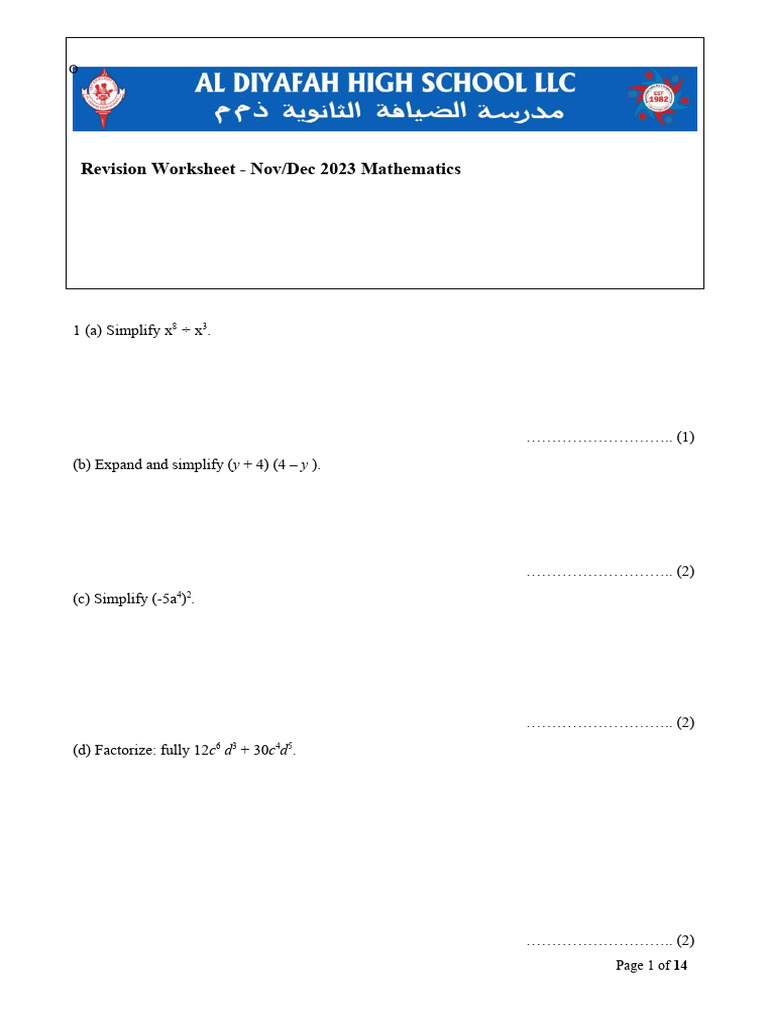 Y10 Term 1 Revision Worksheet | PDF | Area | Euclid
