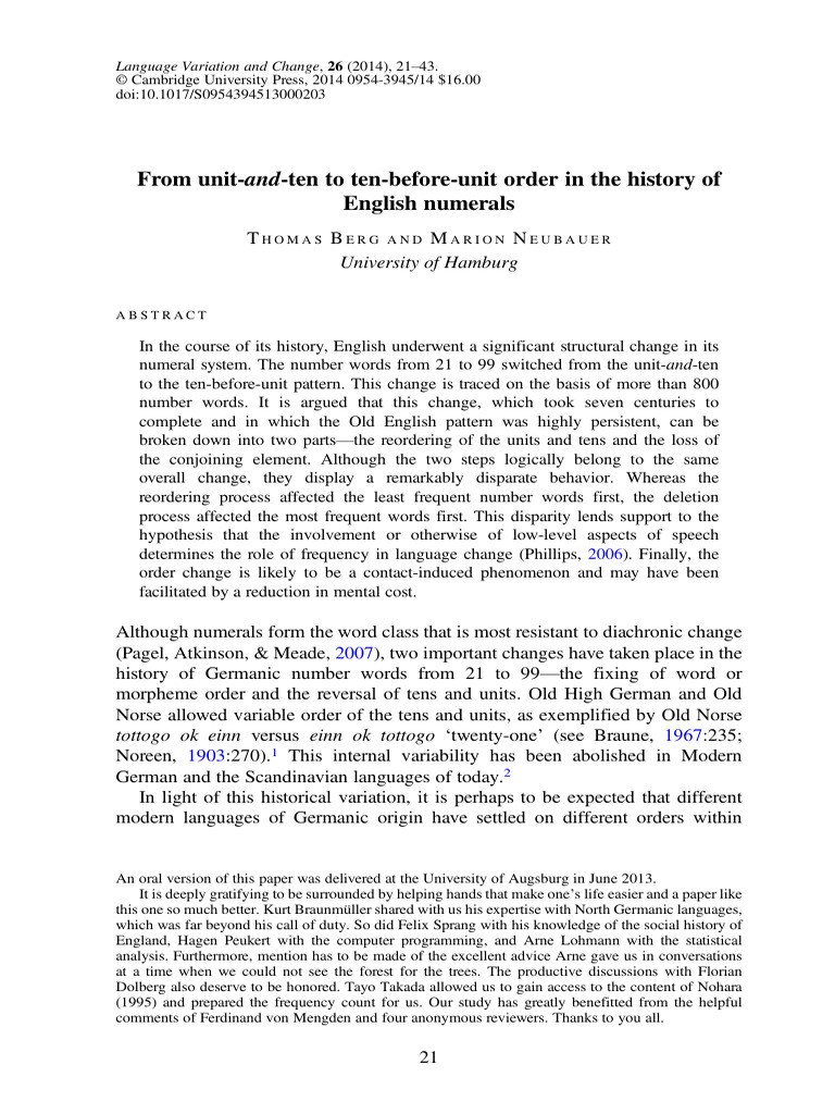 From Unit-And-Ten To Ten-Before-Unit Order in The History of English ...