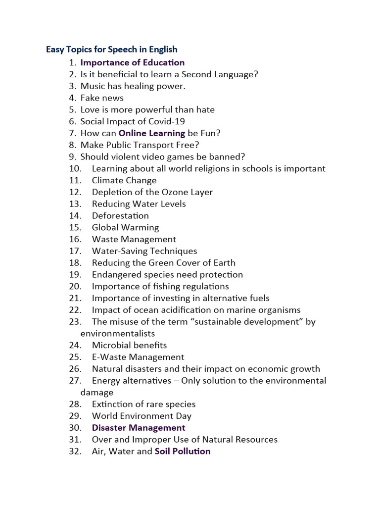 Easy Speech Topics in English | PDF | Climate Change | Sustainability