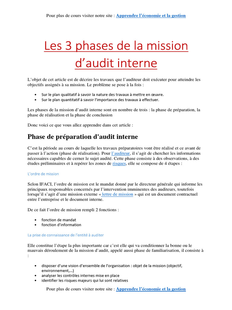 Phases de la mission d'audit interne | PDF | Audit | Contrôle interne