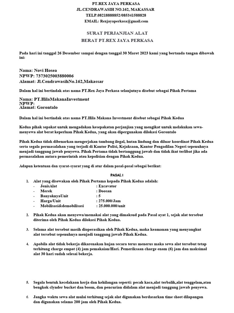 Kontrak Sewa Alat PT. RJP | PDF