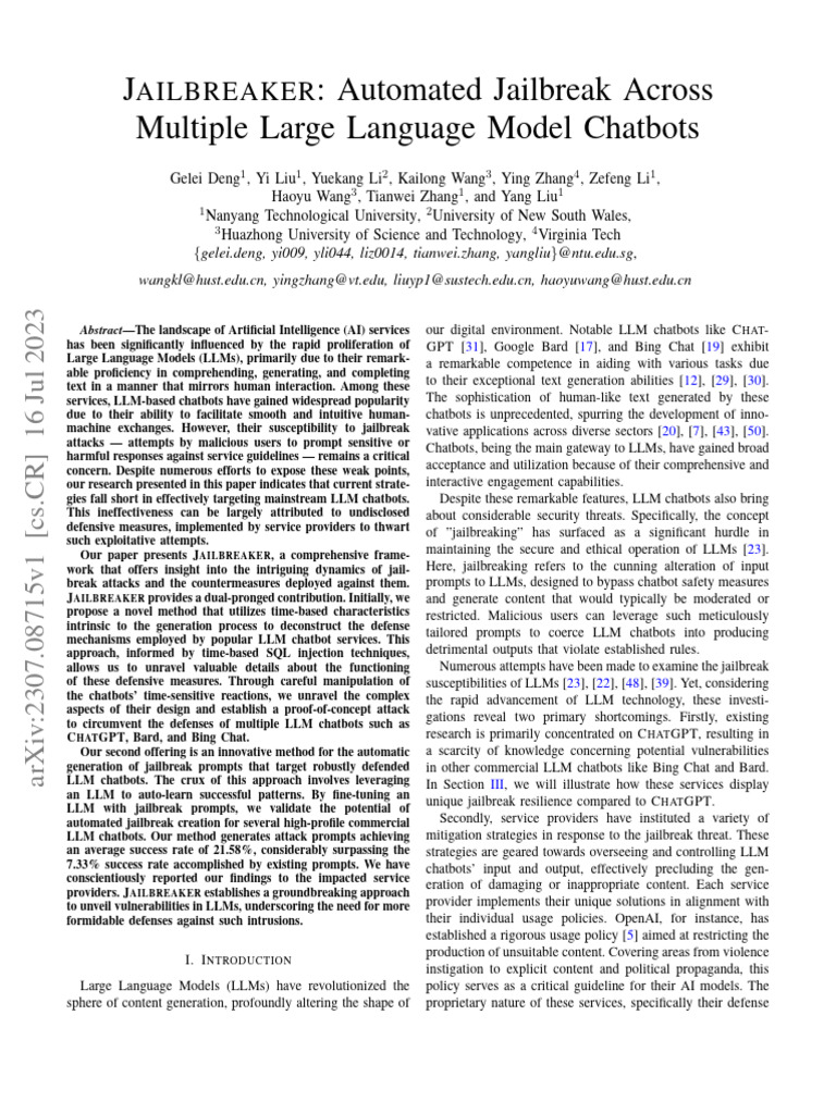 JAILBREAKER-Automated Jailbreak Across Multiple Large Language Model Chatbots-2023 7 | PDF ...