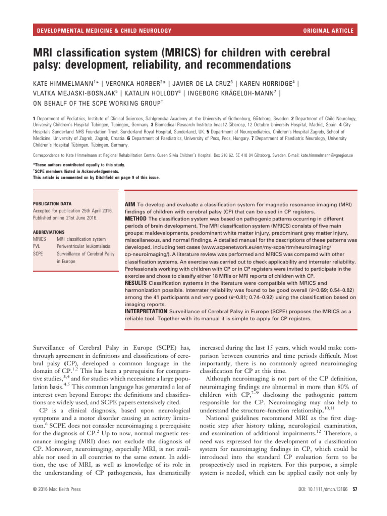 MRI Classification System for Cerebral Palsy | PDF | White Matter ...