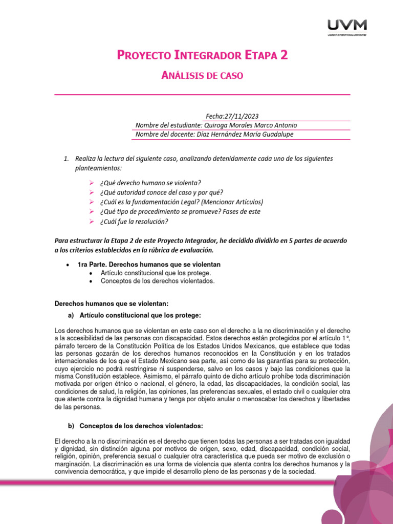 Proyecto Integrador Etapa 2-Derechos Humanos | PDF | Invalidez | Convenio europeo de derechos ...