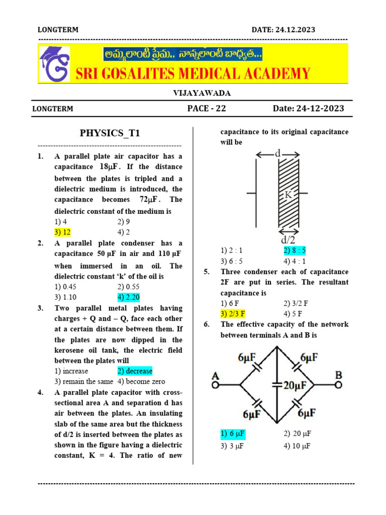 3) Pace-22 - Phy - 24-12-2023 Final | PDF | Capacitance | Capacitor