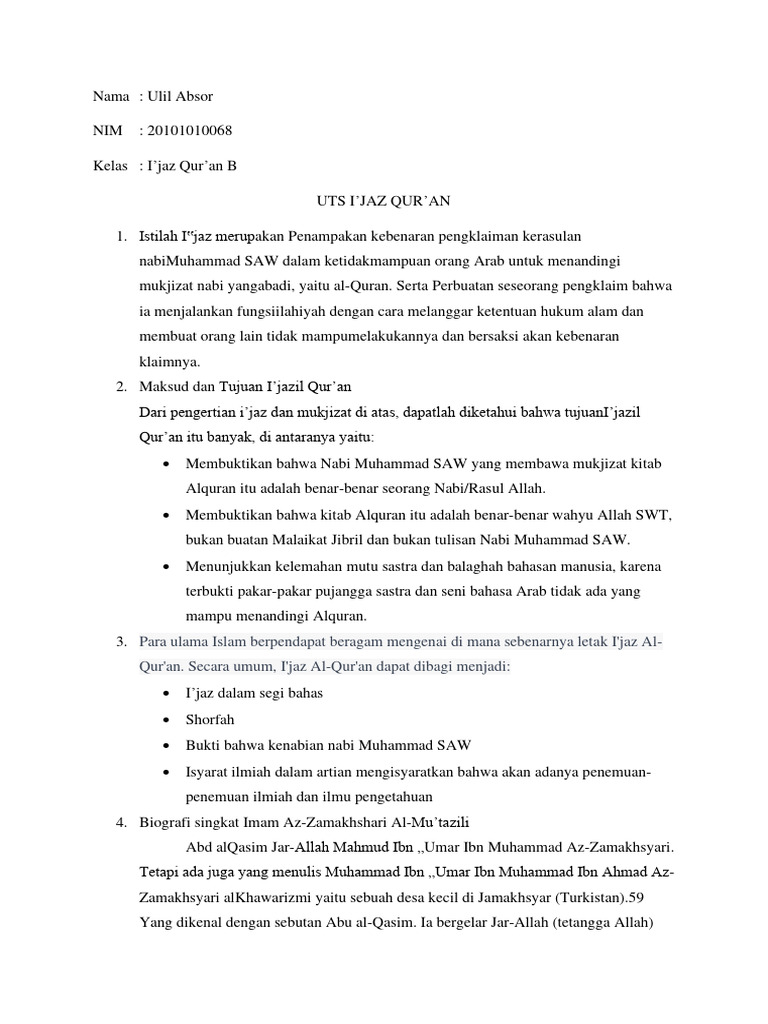 UTS Ijaz Quran - Ulil Absor - 20101010068 | PDF
