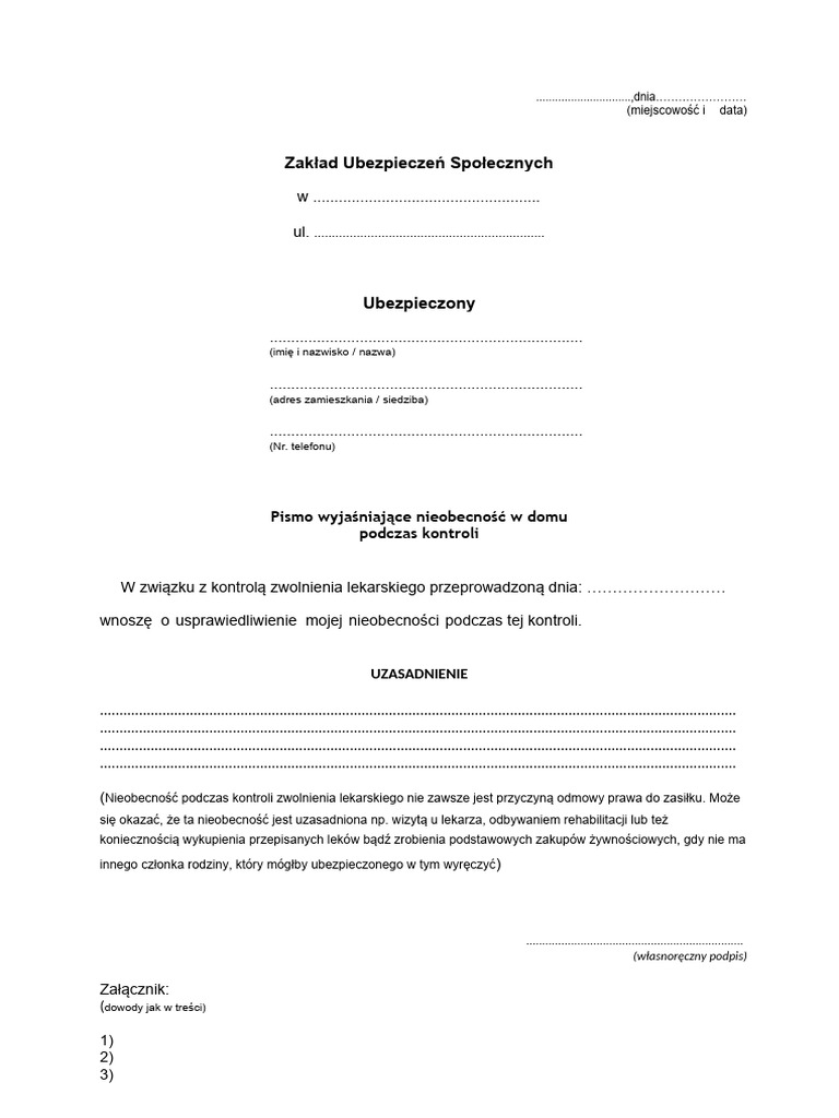 Pismo Do ZUS Wyjasniajace Nieobecnosc W Domu Podczas Kontroli Wzor | PDF