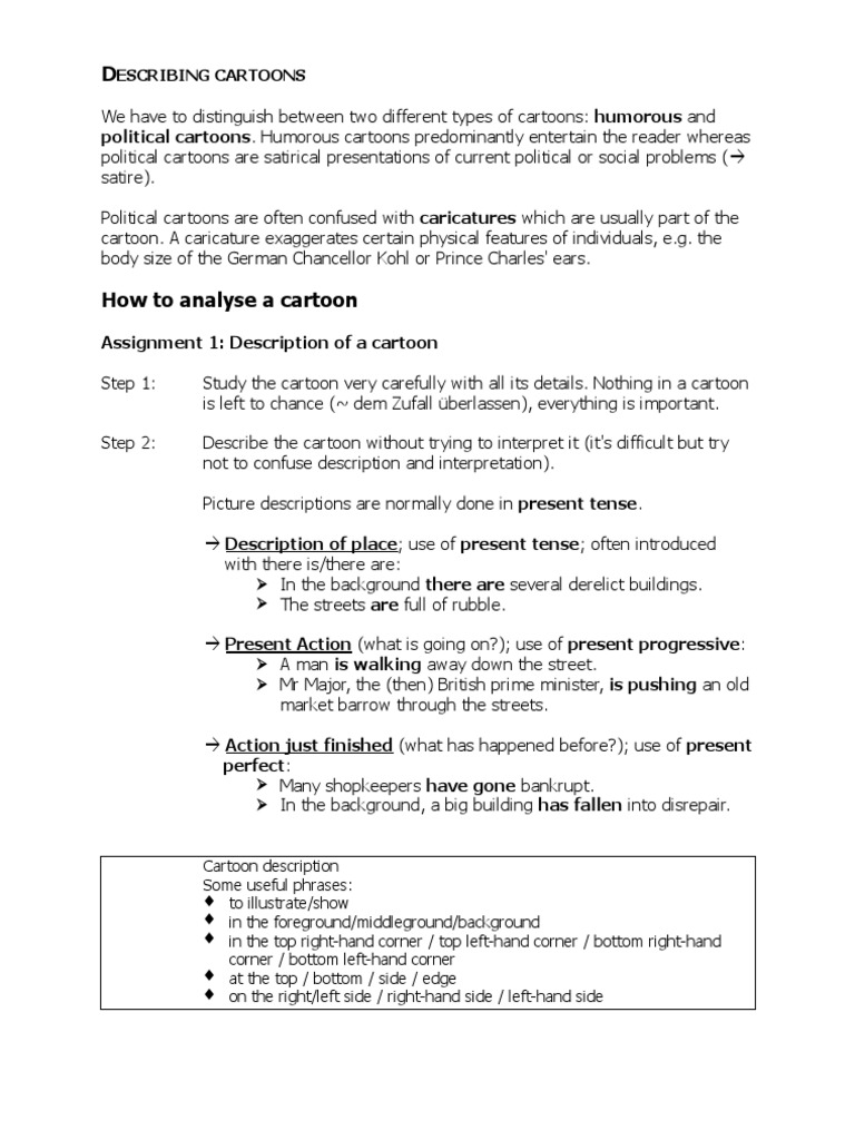 Cartoon Analysis and Description Guide | PDF | Cartoon | Grammar