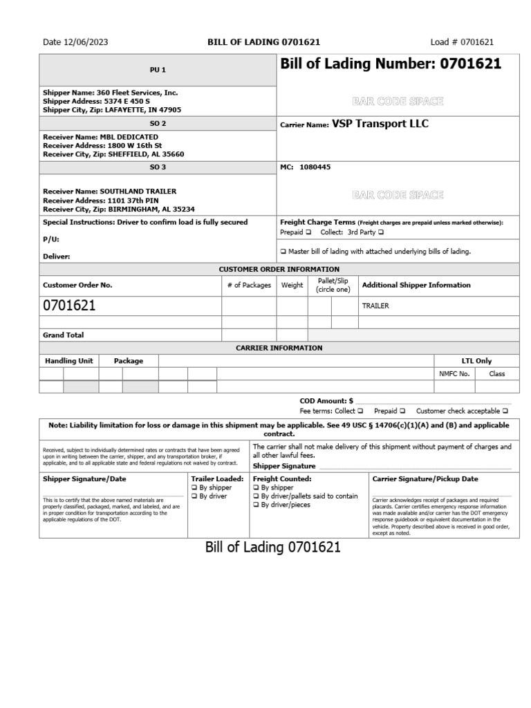Blank BOL - 1 | PDF | Cargo | Freight Transport