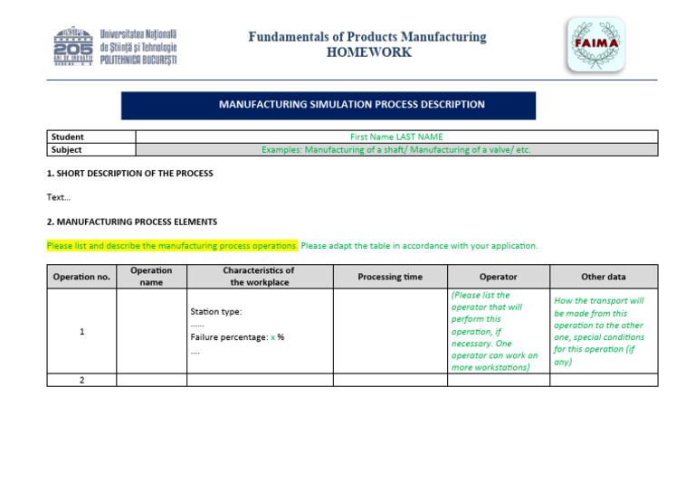 Manufacturing Simulation Process Description Worksheet | PDF