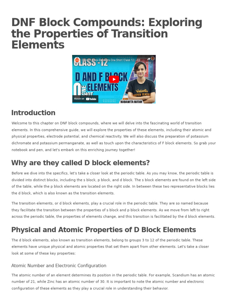 DNF Block Compounds - Exploring The Properties of Transition Elements | PDF | Electron ...
