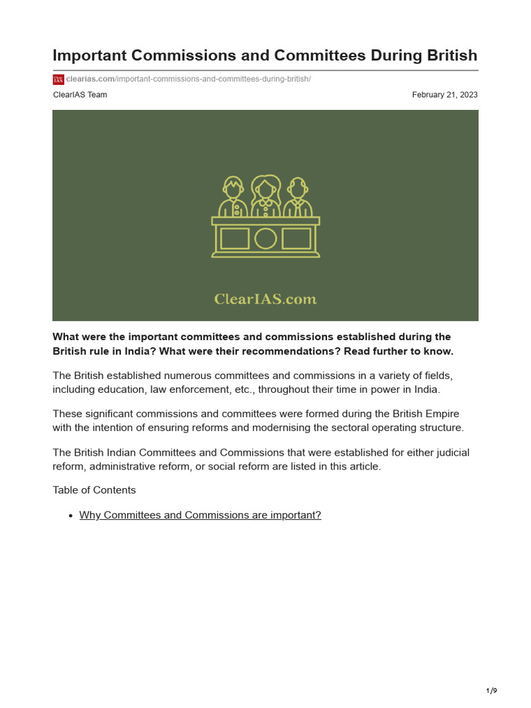 Important Commissions and Committees During British | PDF | British Raj ...