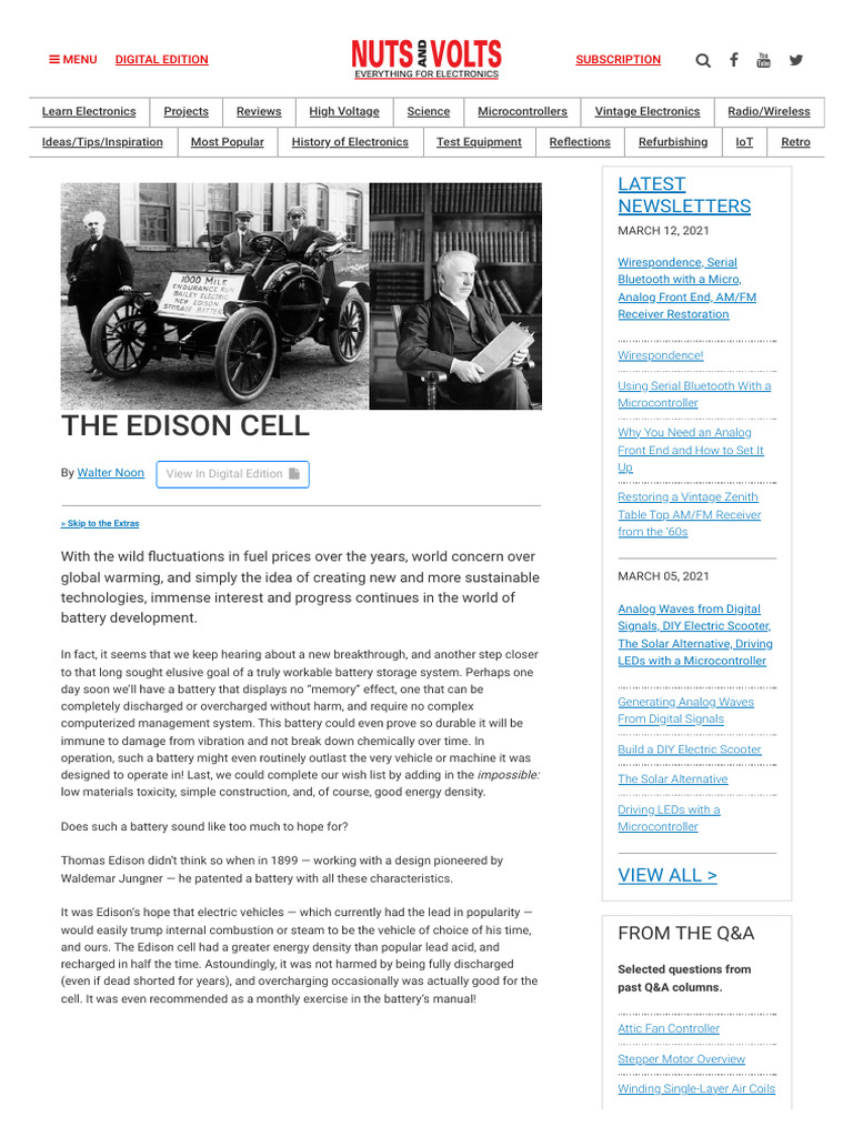 The Edison Cell - Nuts & Volts Magazine | PDF | Electrode | Anode