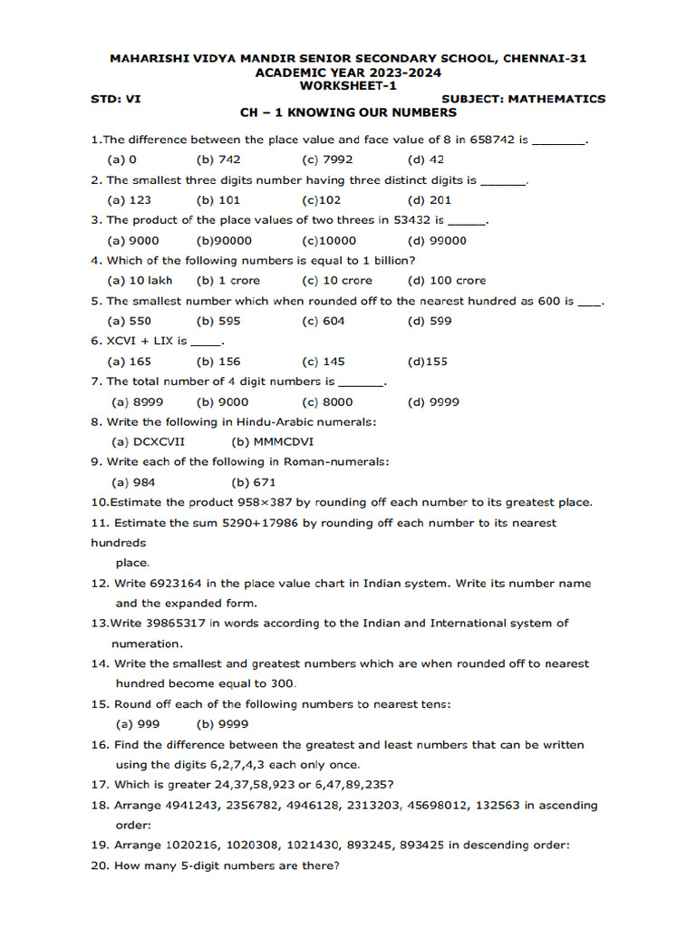 Maths WS1 Class6 | PDF