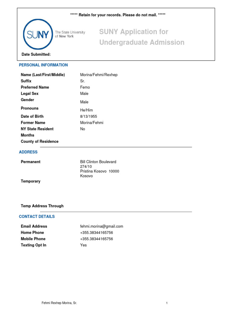 SUNY Application For Undergraduate Admission: Personal Information | PDF