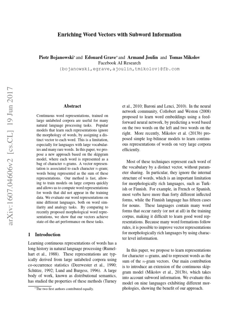 Enriching Word Vectors With Subword Information FastText Model | PDF