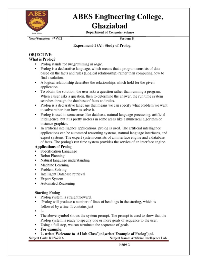 Ai Lab Manual (Kcs 751a) | PDF | Computers