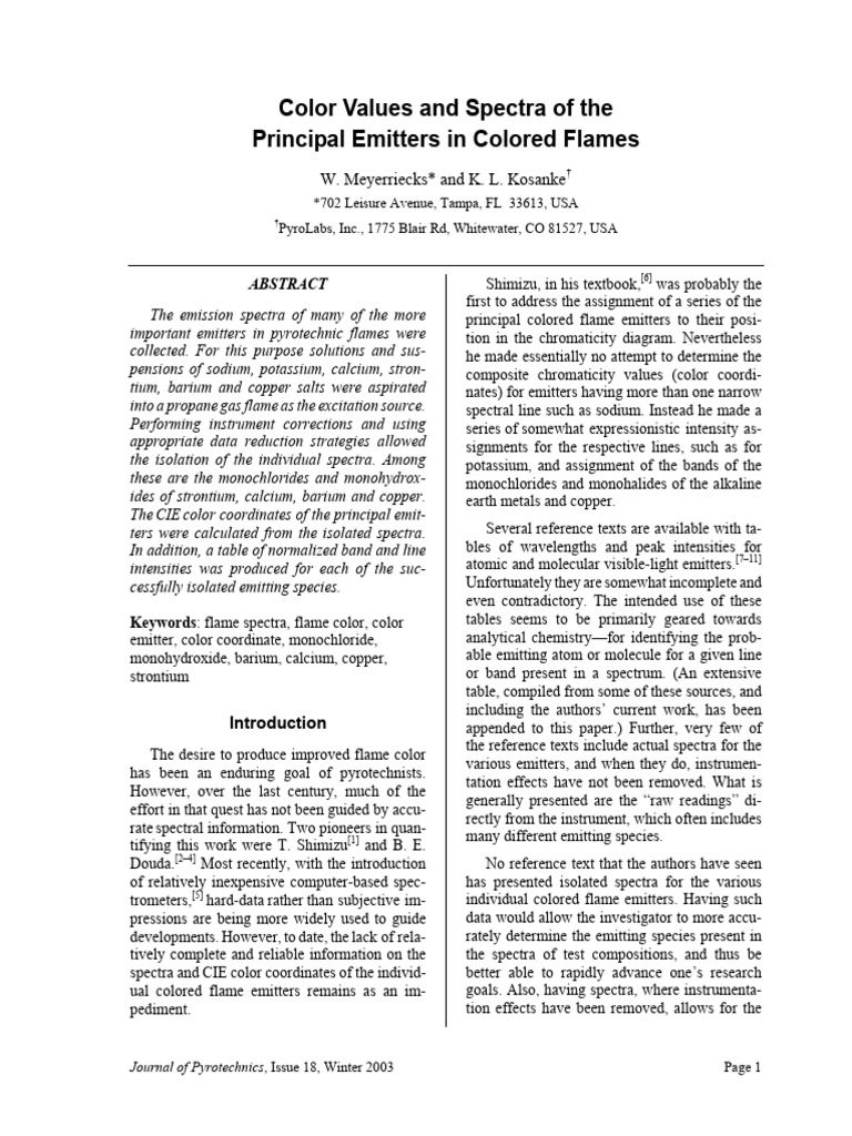 Color Values and Spectra of The Principal Emitters in Colored Flames | PDF