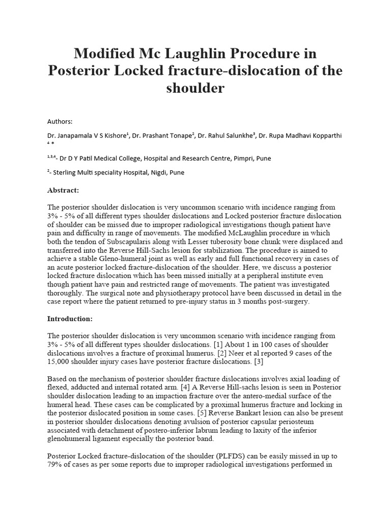 Modified MC Laughlin Procedure in Posterior Locked Fracture | PDF