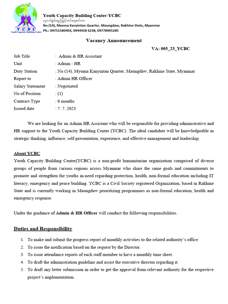 Admin HR Assistant YCBC | PDF