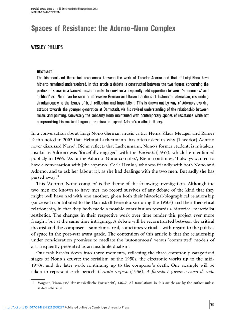 Spaces of Resistance The Adorno Nono Complex | PDF
