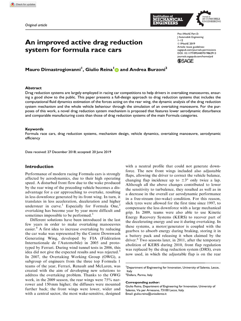 An Improved Active Drag Reduction System For Formula Cars | PDF | Lift (Force) | Airfoil