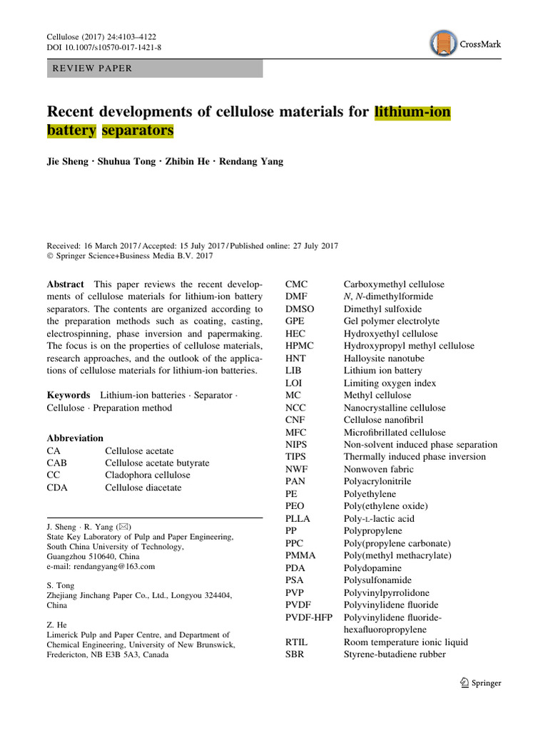 Cellulose in Lithium-Ion Battery Separators | PDF | Lithium Ion Battery ...