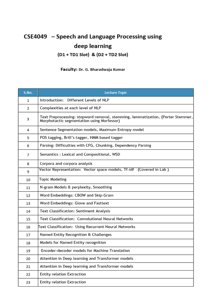 CSE4049 SNLP Course Plan | PDF | Speech Recognition | Speech