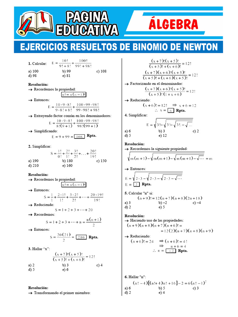 Ejercicios Resueltos De Binomio De Newton Pagina Educativa Pdf