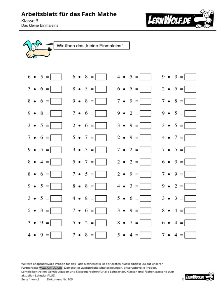 105 Uebungsblatt Mathematik Kostenlos Einmaleins | PDF