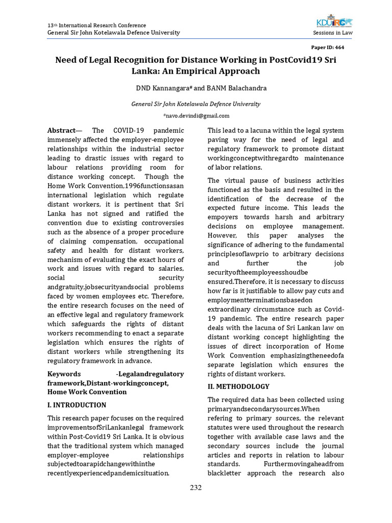 Need of Legal Recognition For Distance Working in PostCovid19 Sri Lanka An Empirical Approach ...