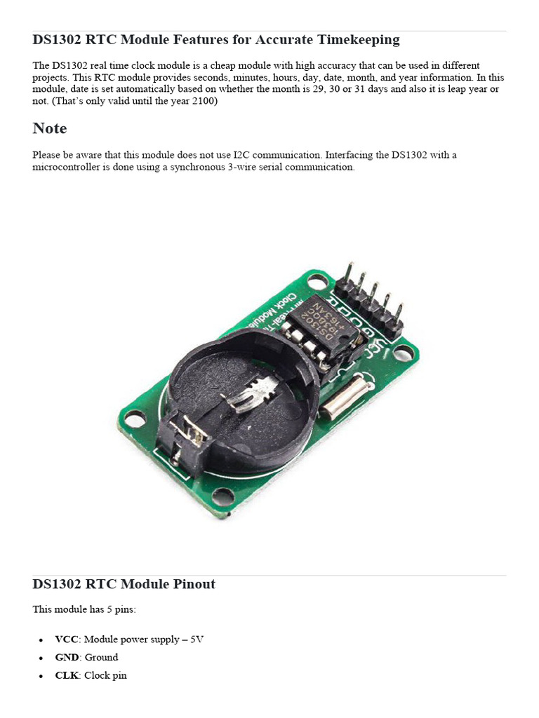 Ds1302 Rtc Module Features For Accurate Timekeeping Pdf Arduino Electrical Engineering 