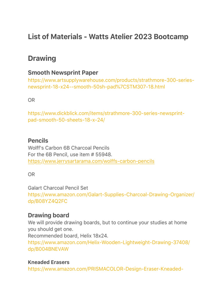 List of Materials Watts Atelier 2023 Bootcamp | PDF | Paint | Conservation And Restoration Materials