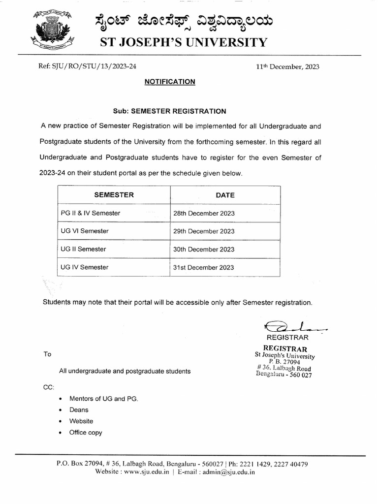 Notification - Semester Registration | PDF