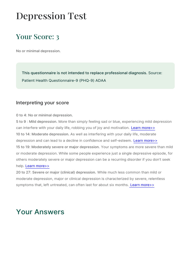 PHQ-9 Depression Test Results | PDF | Self-Improvement