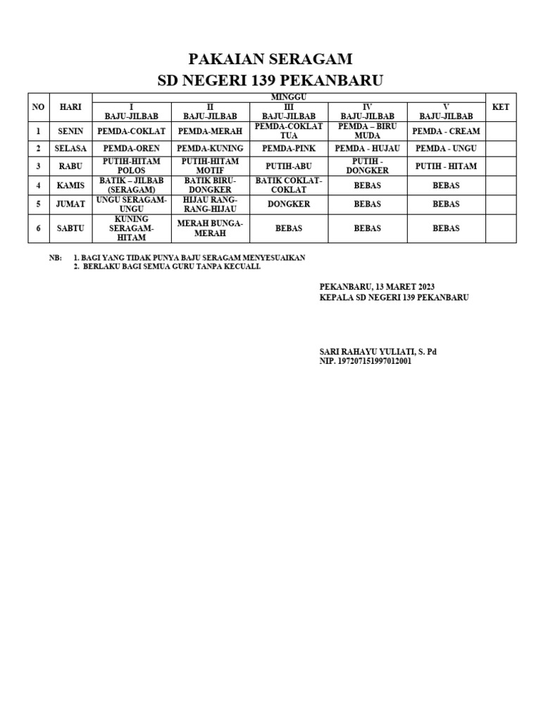 Jadwal Pakaian Seragam | PDF